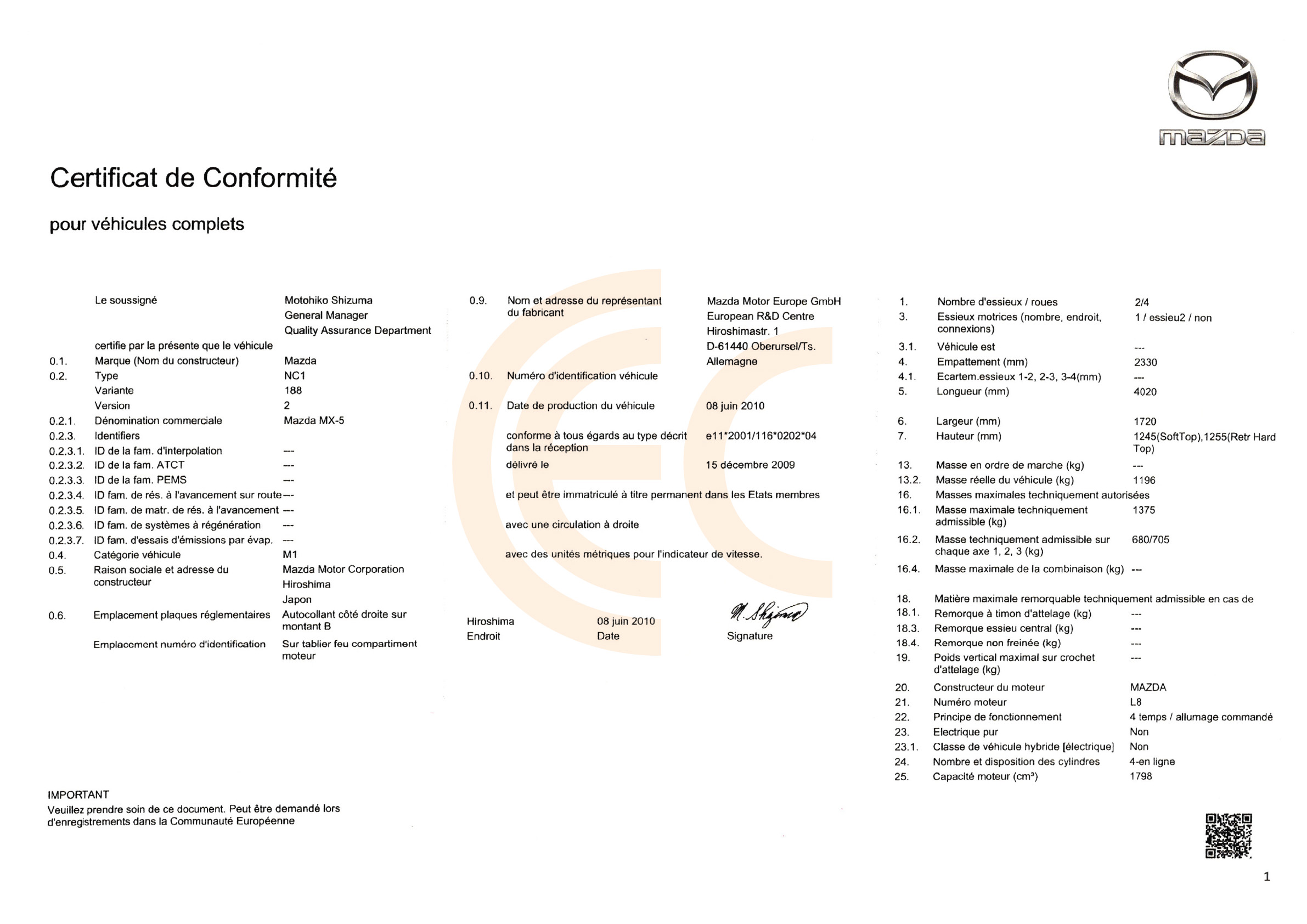 Certificat de conformité (COC) Mazda